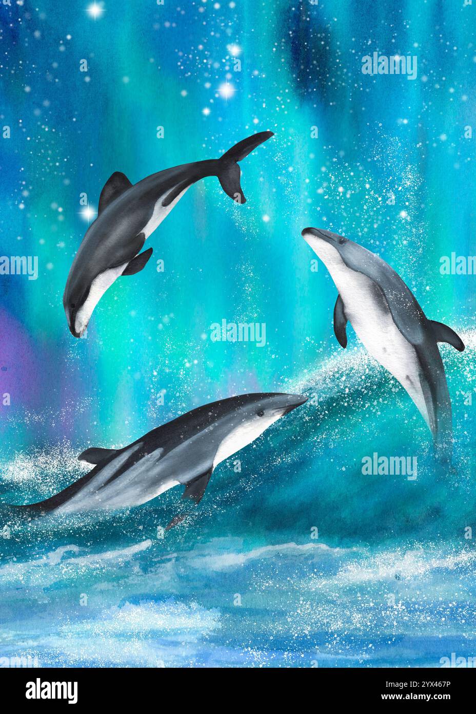 Ready-made postcard with three playing dolphins. Aurora. Ocean wave ...