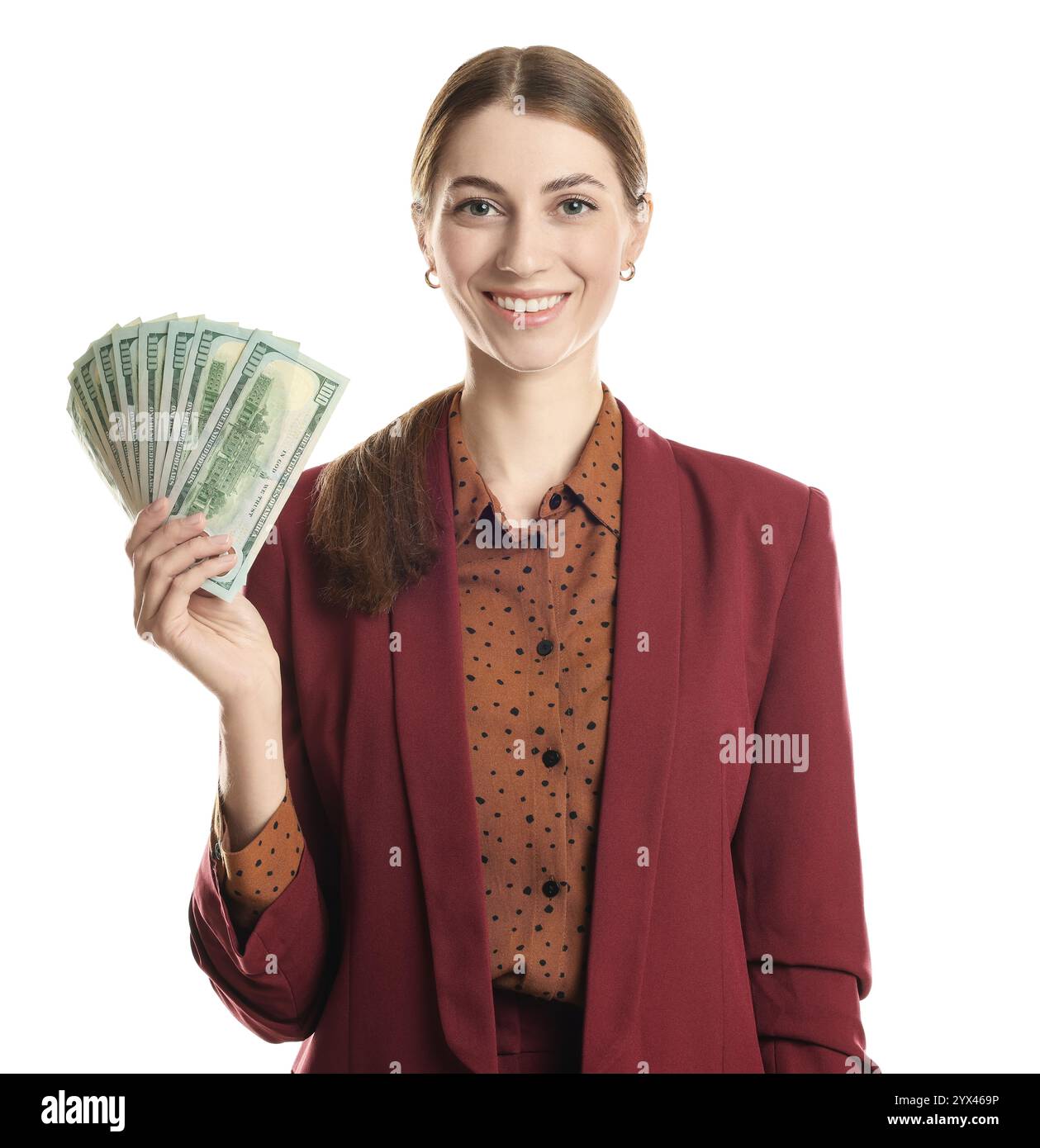 Portrait of banker with dollar banknotes on white background Stock ...