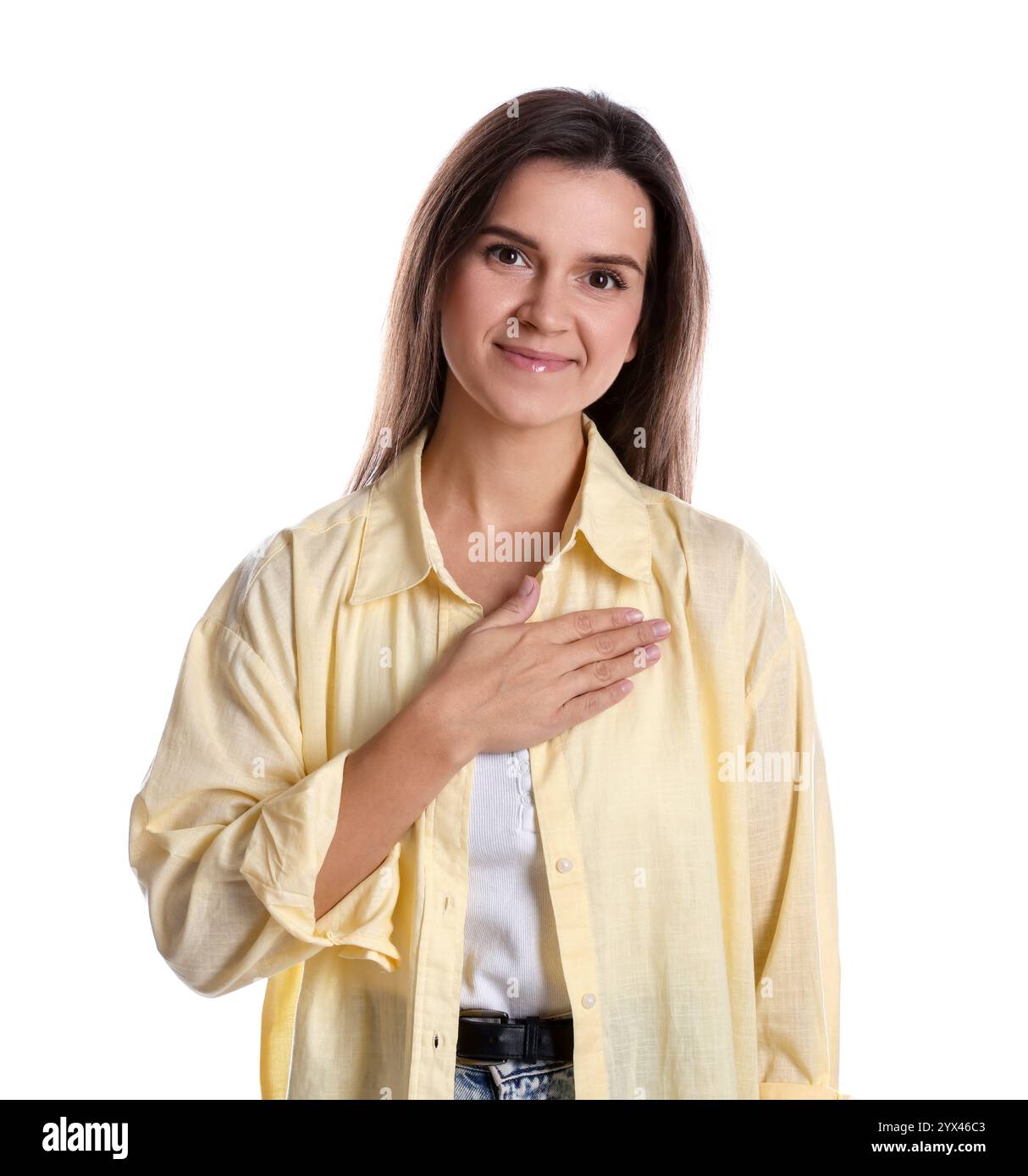 Woman making promise on white background. Oath gesture Stock Photo - Alamy