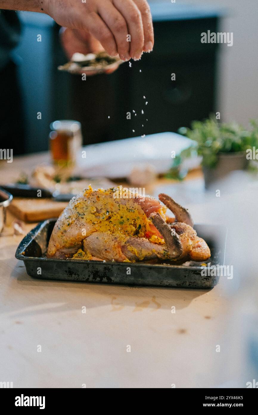 A person is seasoning a turkey in a pan. The turkey is covered in a ...