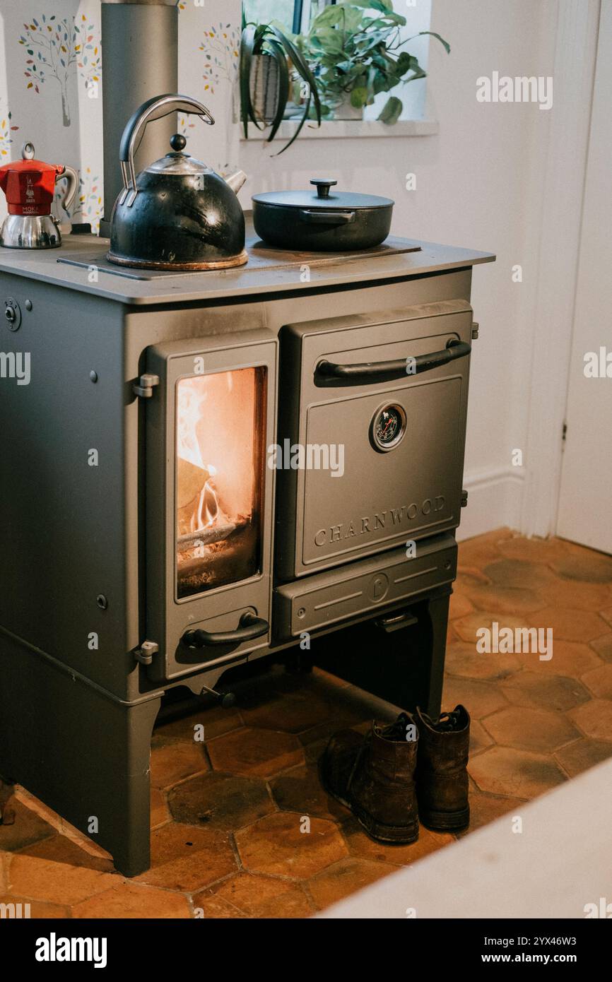 A black stove with a black kettle on top of it. The stove is lit and ...