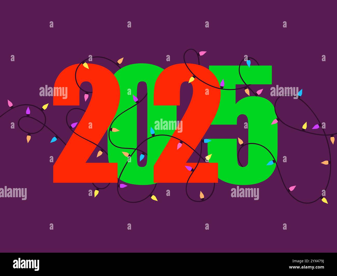 2025 Happy New Year. Garland of multi-colored light bulbs wrapping ...