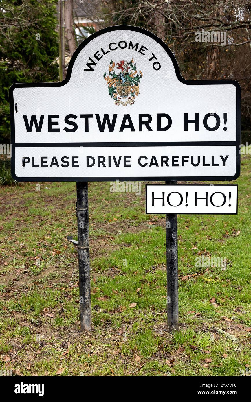 Westward Ho, UK, 13th Dec 2024. The sign for Westward Ho in Devon has ...