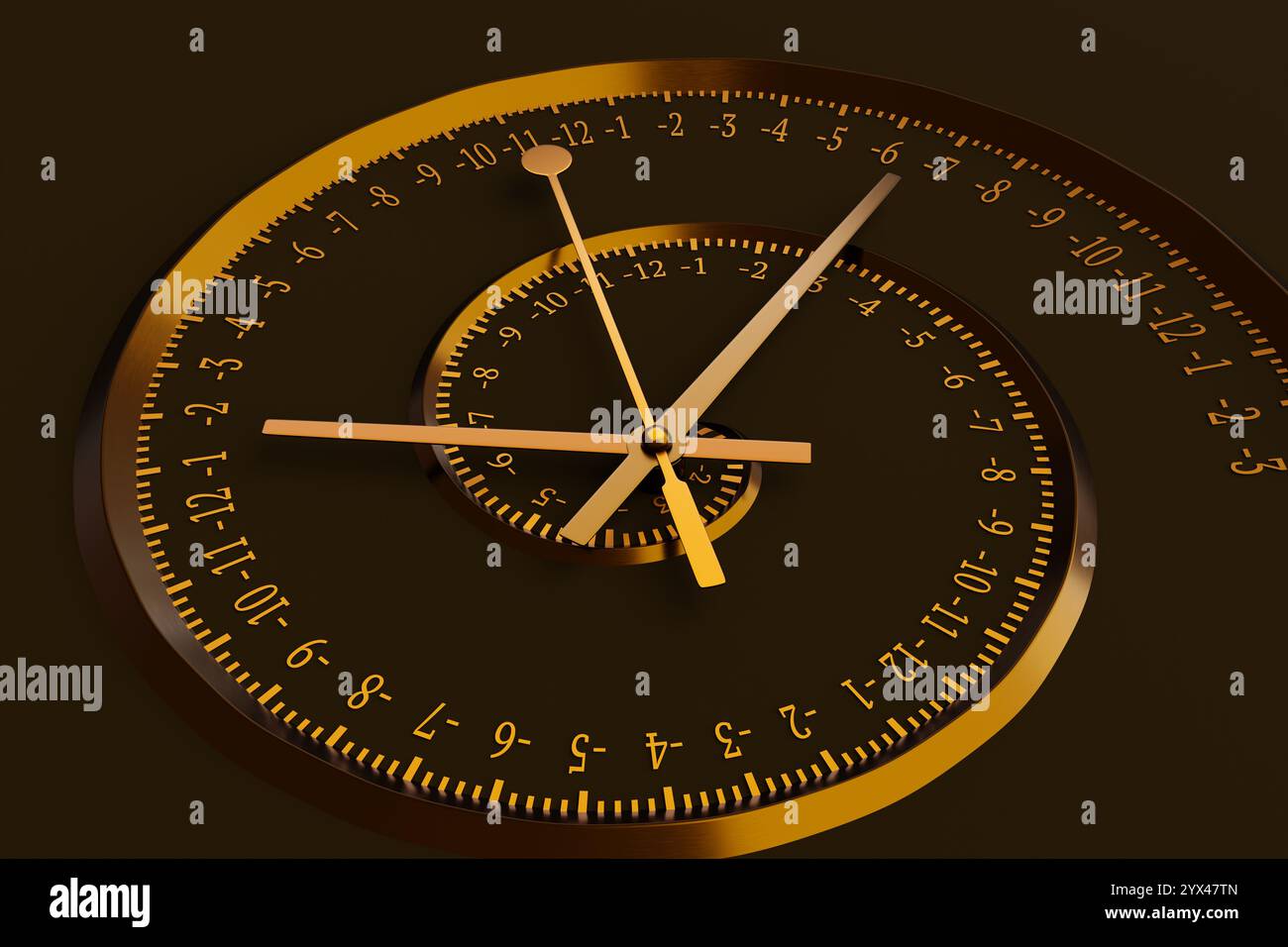 Shiny spiral golden clock having negative numbers on the face on dark ...