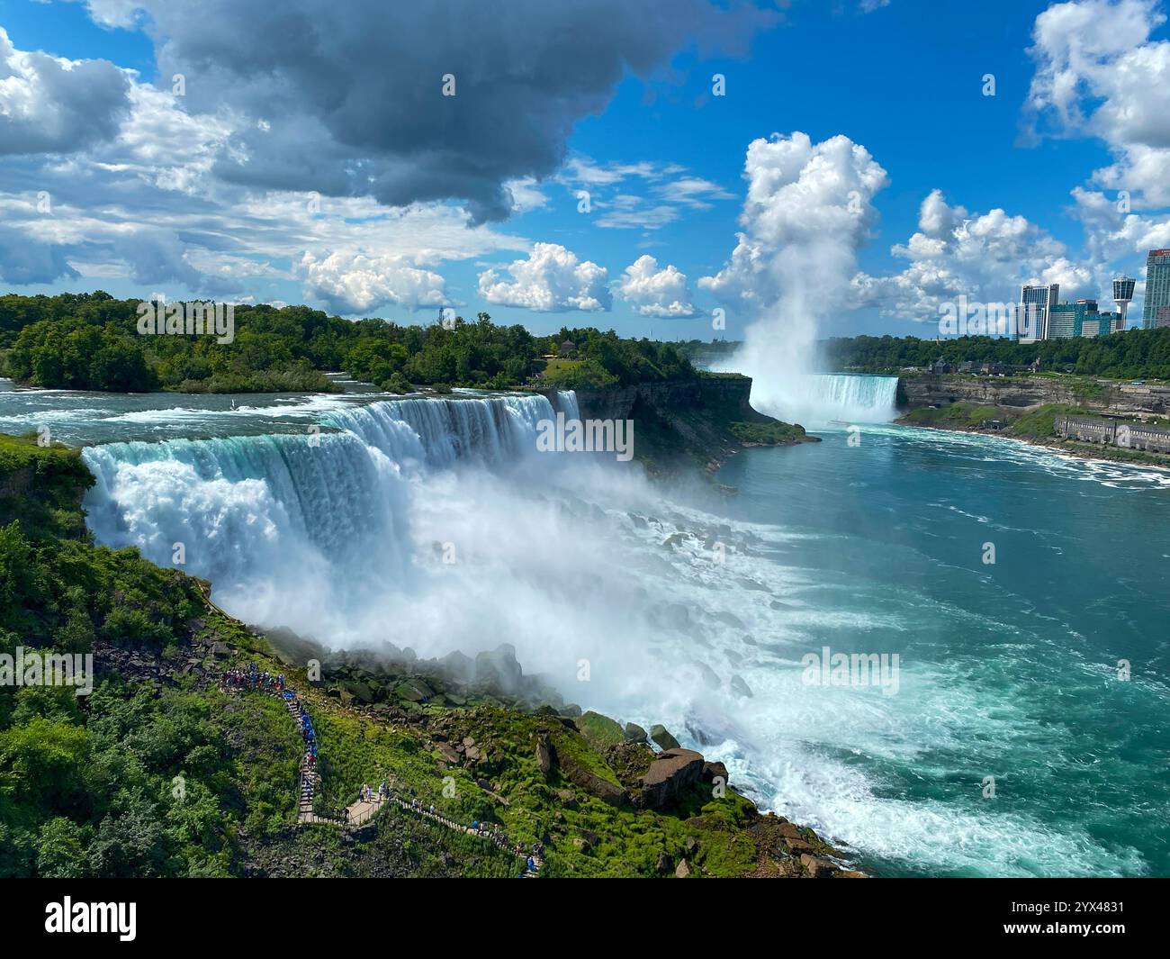 Visitors admire the stunning cascades of water at Niagara Falls under a ...
