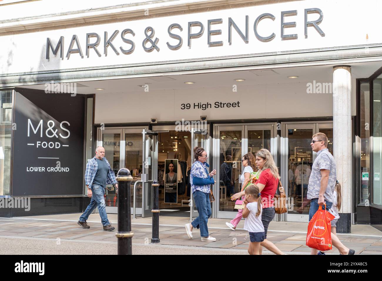 Front entrance of Marks and Spencer city centre store in busy UK high ...