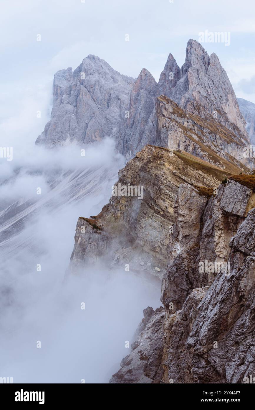 Panoramic landscape view of Seceda mountain covered with clouds in ...