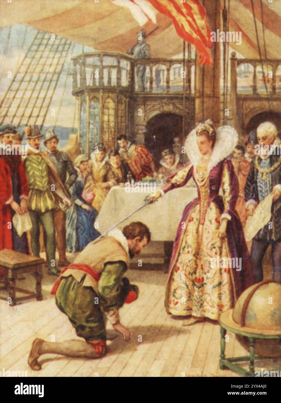 'Francis Drake being knighted by Queen Elizabeth', c1900. '...when the ...
