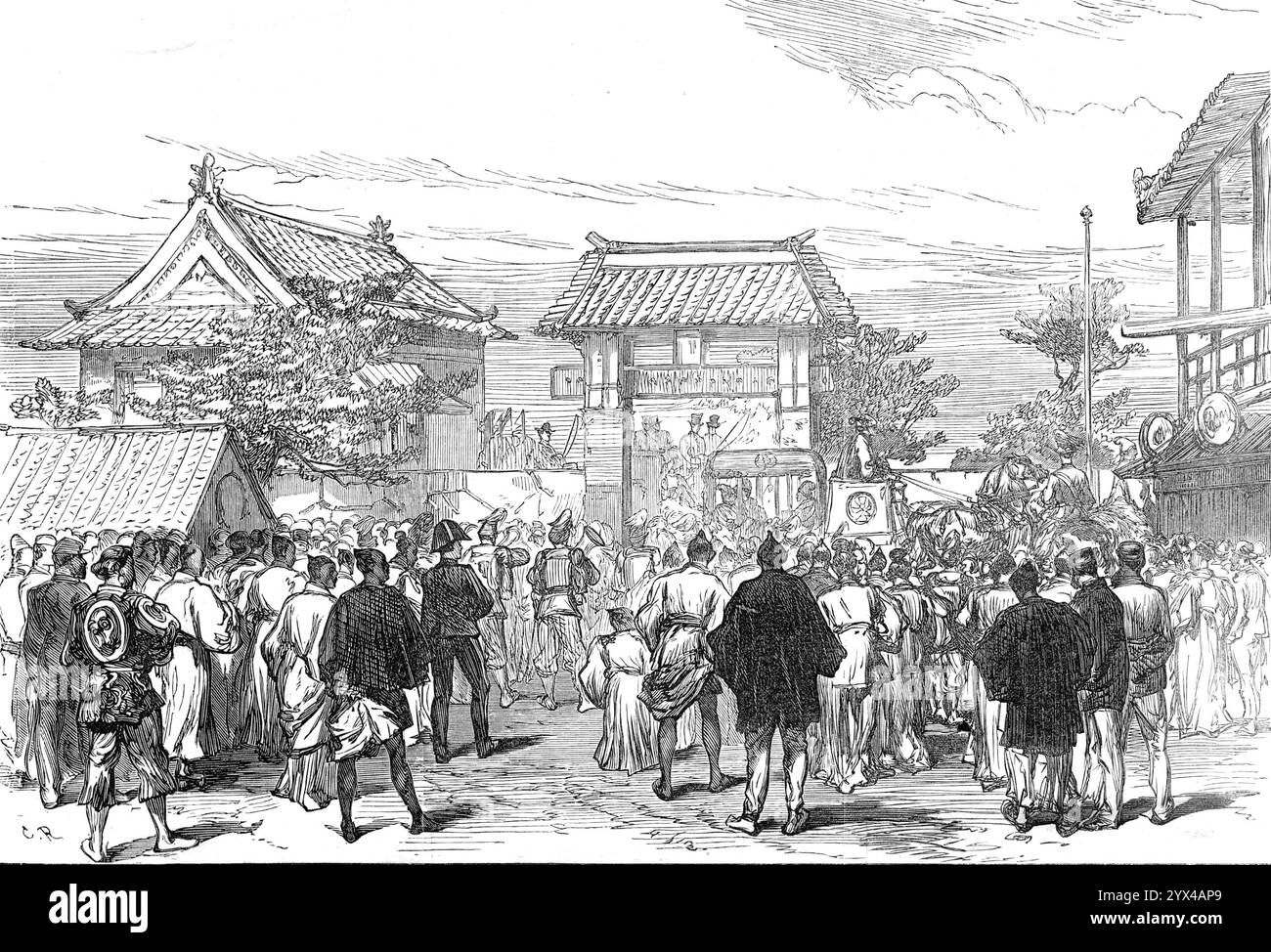 Opening of the first railway in Japan: procession at the Saiwai Bashi ...