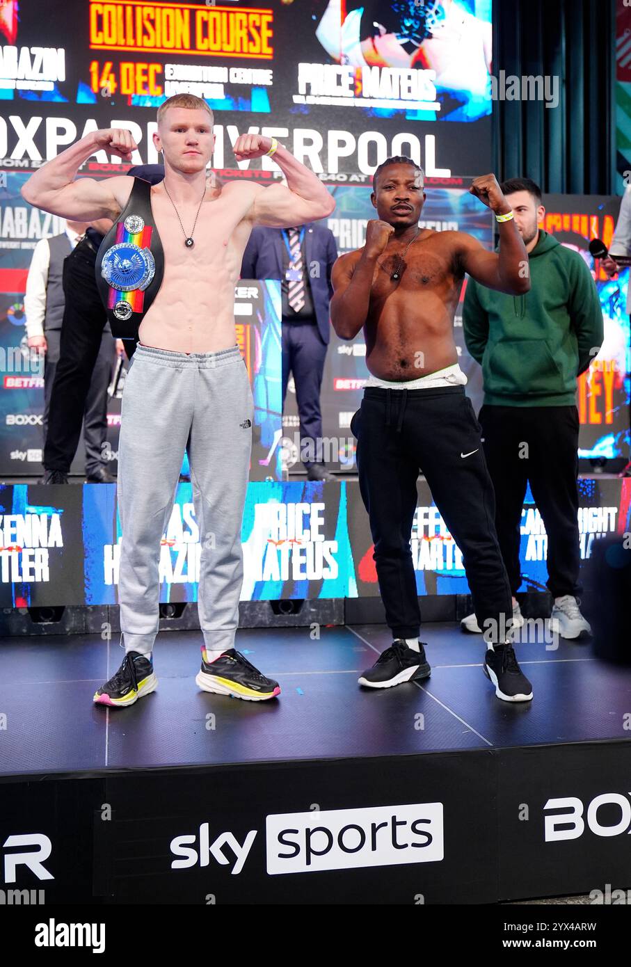 Joshua Quartey (right) and Mark Jeffers pose for photos during the weigh-in at BOXPARK Liverpool ...