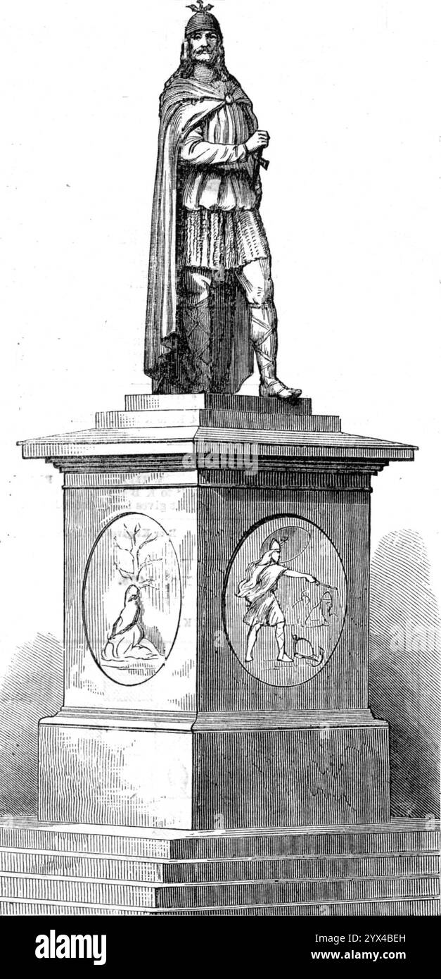 Monument to King Harold Haarfager, at Christiania, 1872. Engraving of a ...