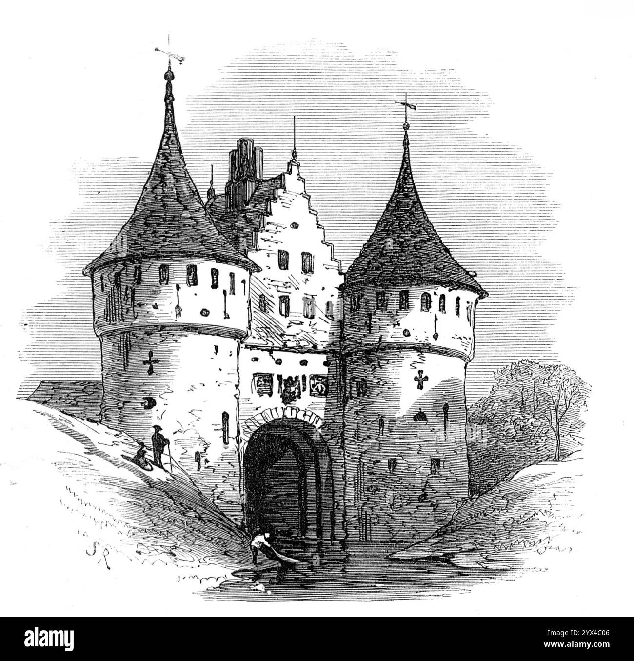 Porte Rabot, Ghent, 1872. Historic two-towered fortified gateway that ...