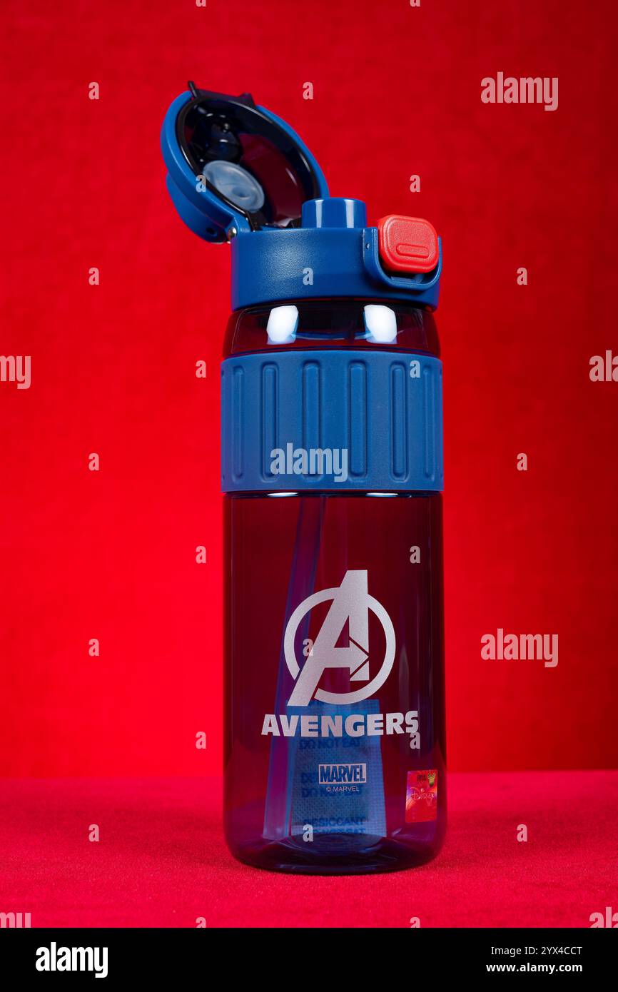ZHONGSHAN China-September 21,2024: a Marvel Avengers bottle on red at ...