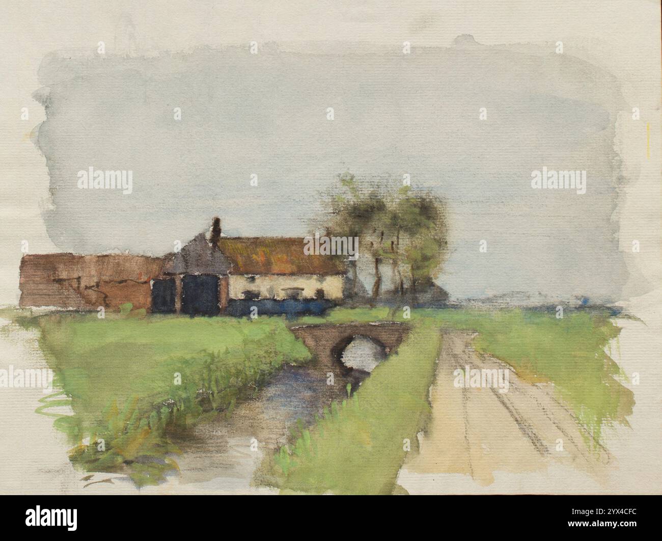 Study of farmbuildings with a bridge over a stream, probably mid-1880s ...