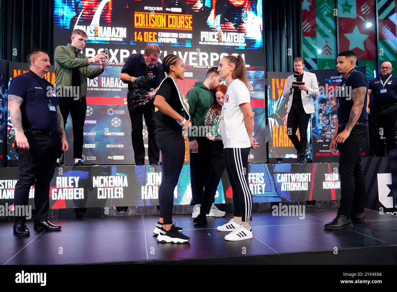Natasha Jonas (left) and Ivana Habazin face off during the weigh-in at ...