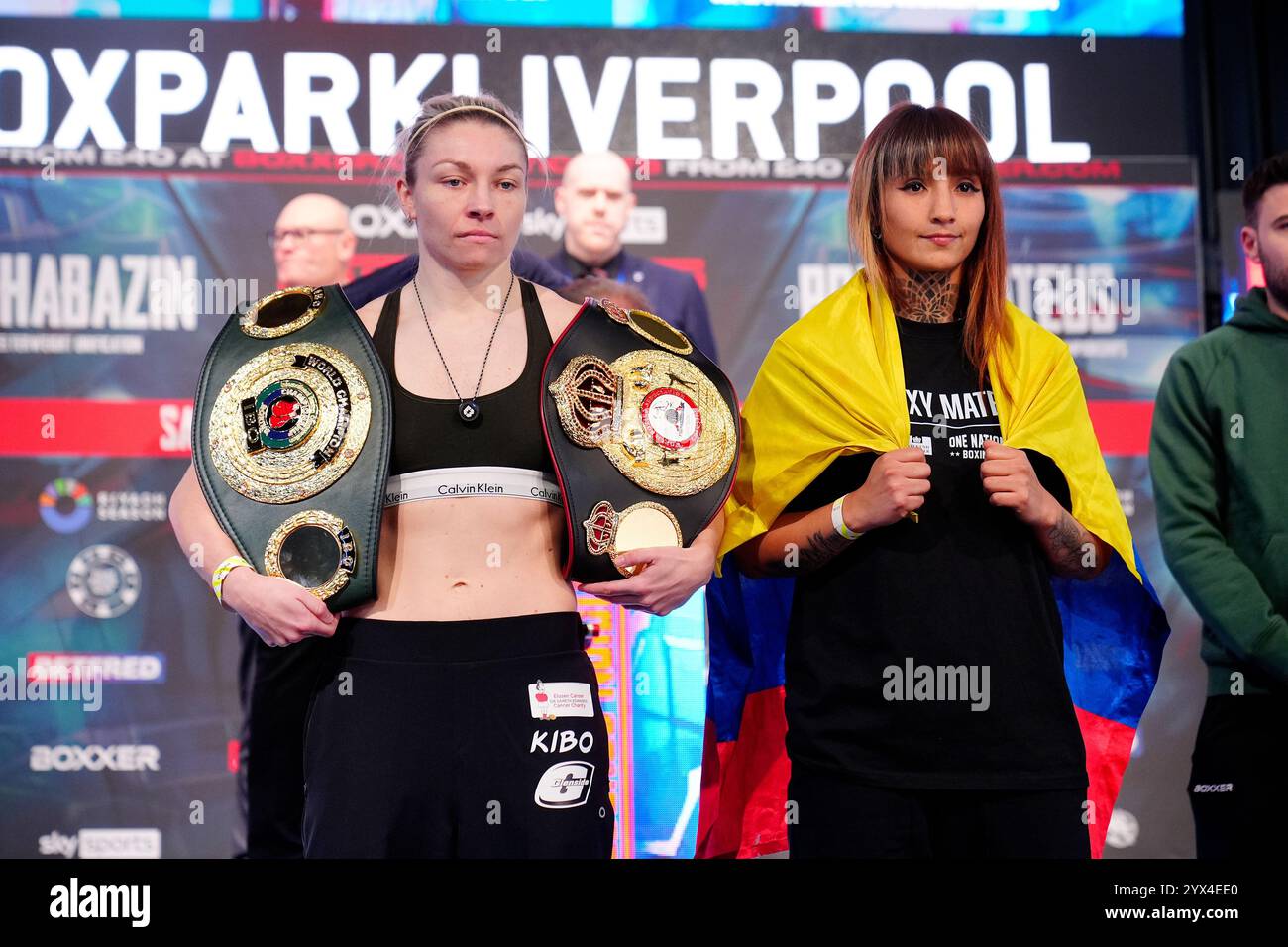 Lauren Price (left) and Bexcy Mateus pose for photos during the weigh ...
