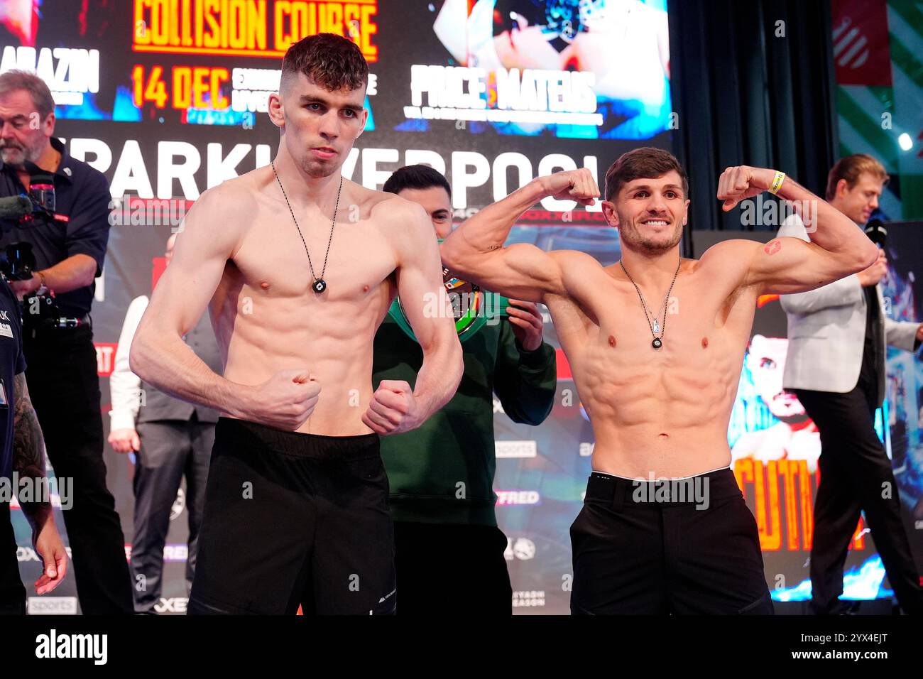 Lee Cutler and Stephen McKenna (left) pose for photos during the weigh ...