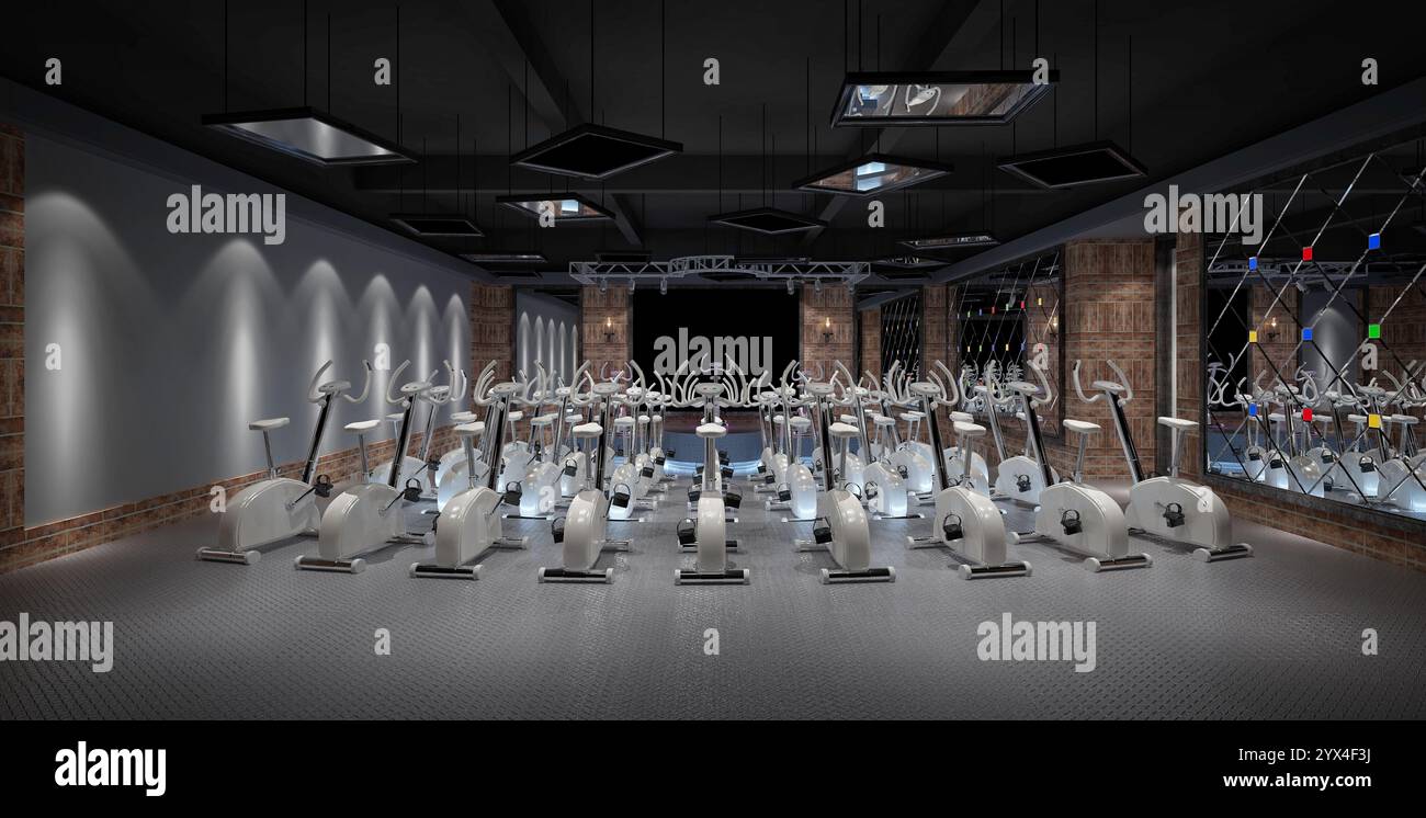 3d render gym fitness workout studio Stock Photo - Alamy
