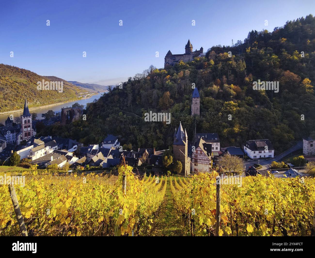 View of Bacharach with Stahleck Castle, hilltop castle above the Rhine ...
