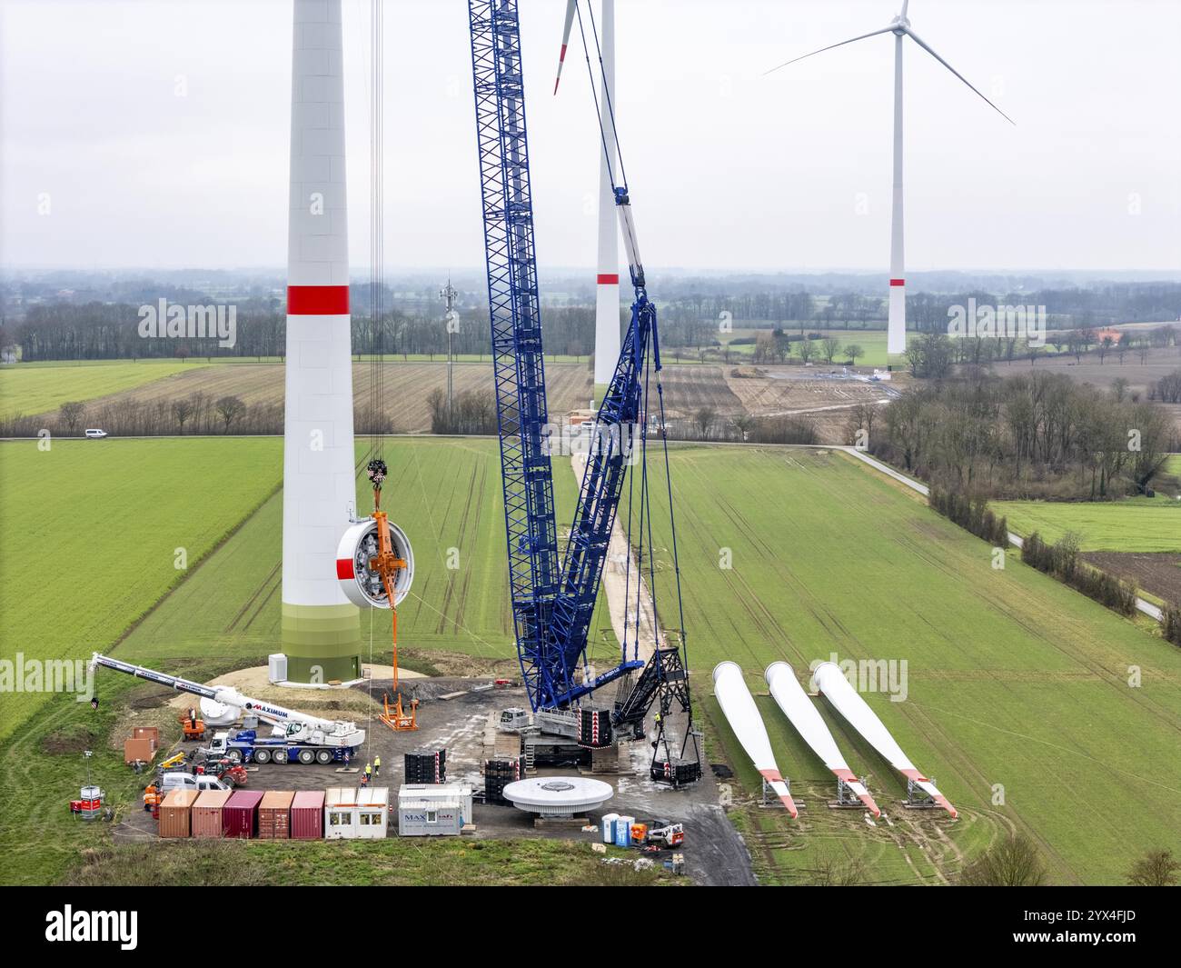 Assembly of an Enercon E-138 wind turbine, the stator, part of the ...