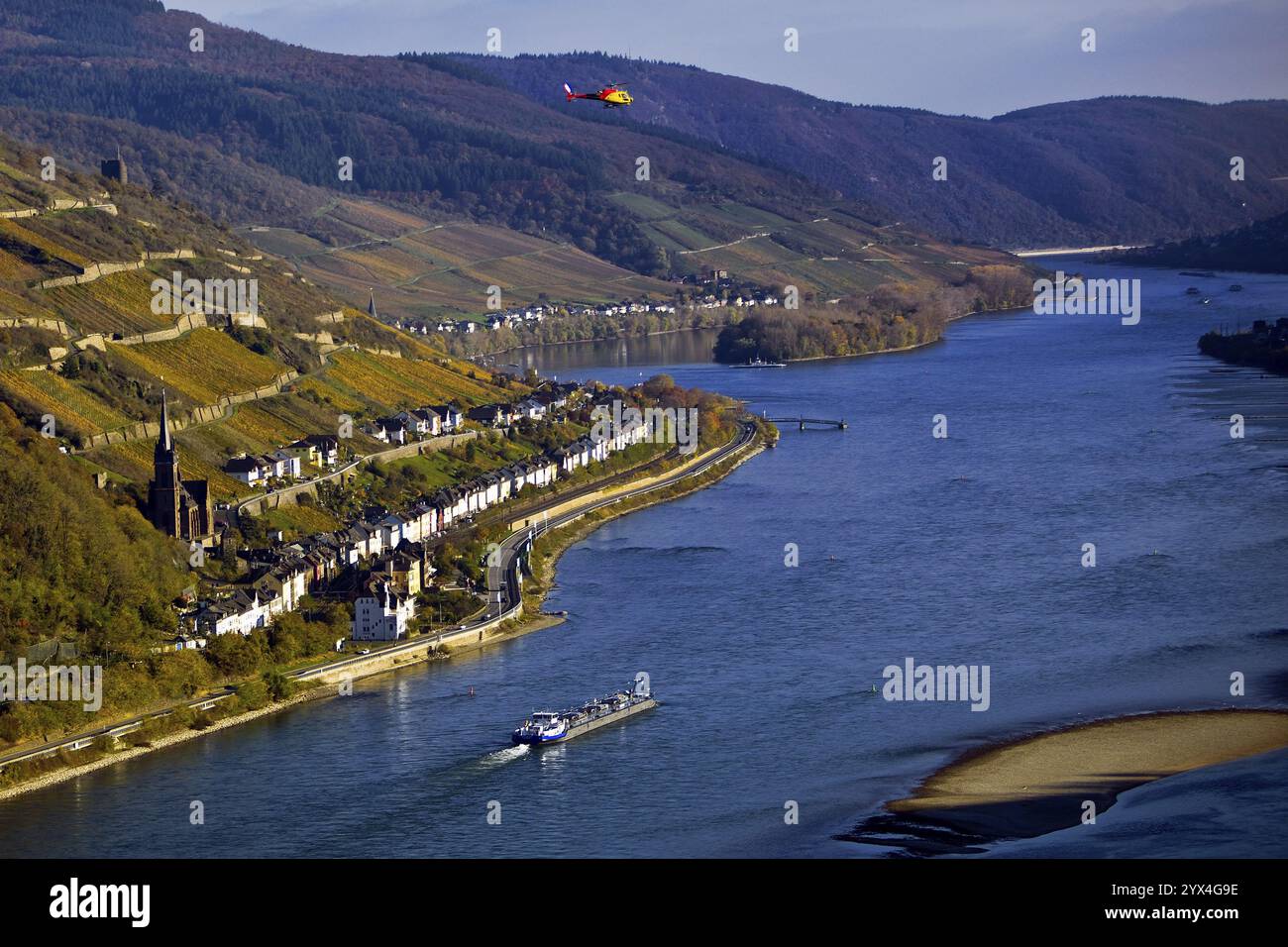 Elevated view of the Rhine and Lorch from Bacharach with barge and ...