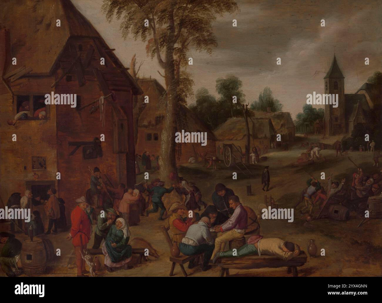 Village Fair, early 17th century. Rowdy scene with villagers drinking ...