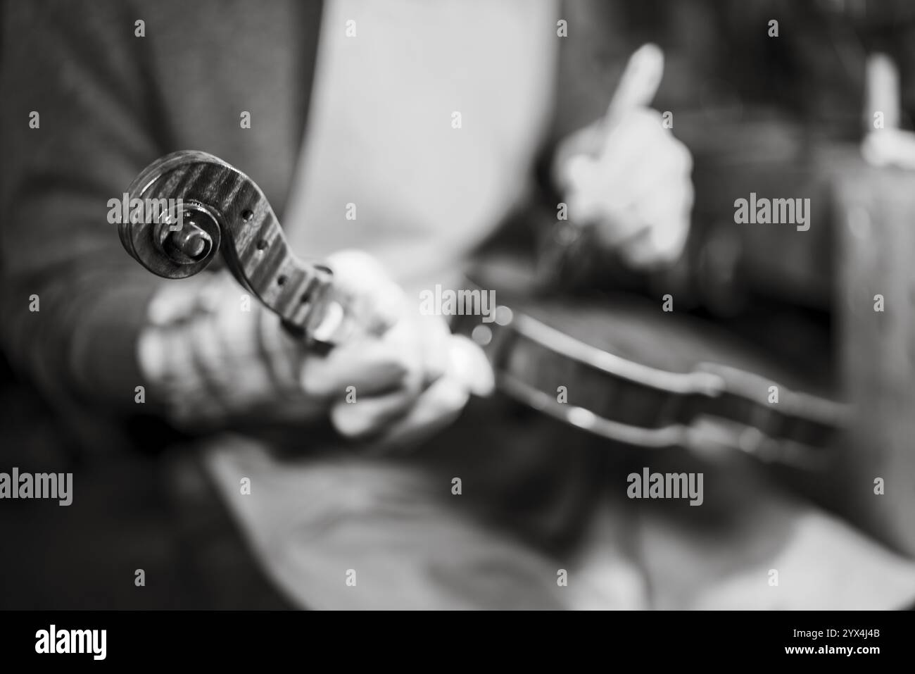 Luthier holding and examining the scroll of a handmade violin during ...