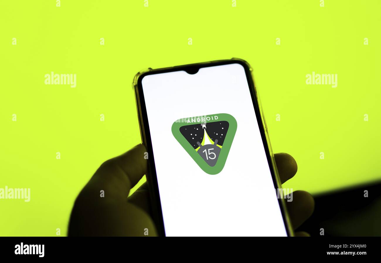 Android 15 logo is displayed on smartphone. Android 15 is an upcoming ...