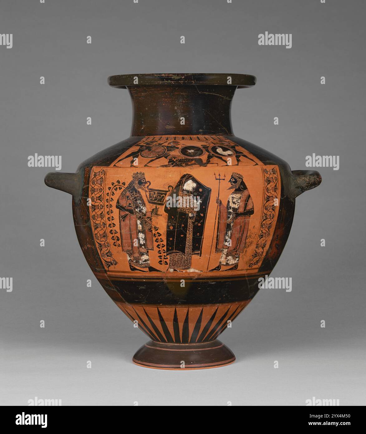 Black-Figure Hydria, about 550 BC. Water Jar with Gods and a Battle ...