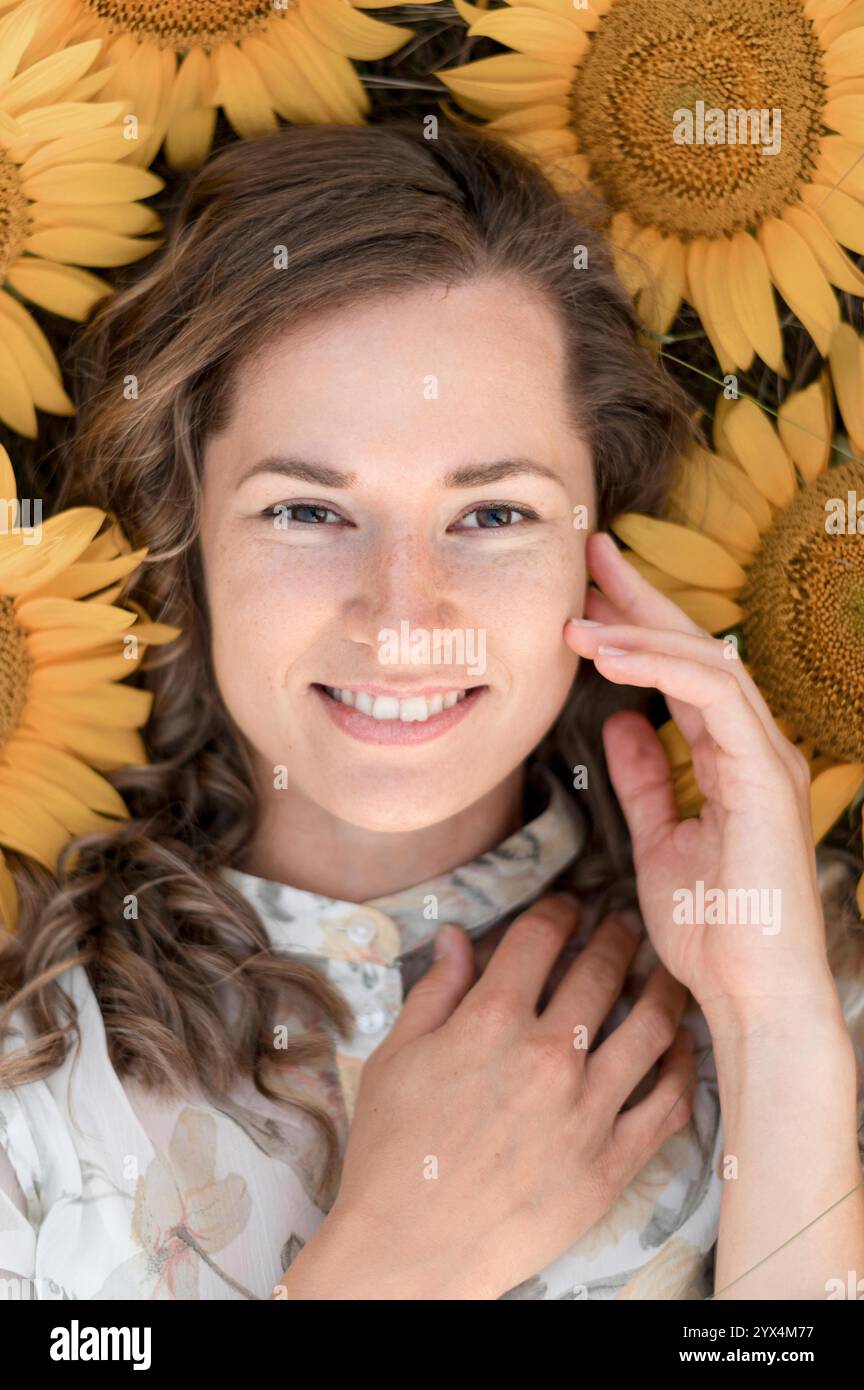 Top view woman posing sunflower field Stock Photo - Alamy