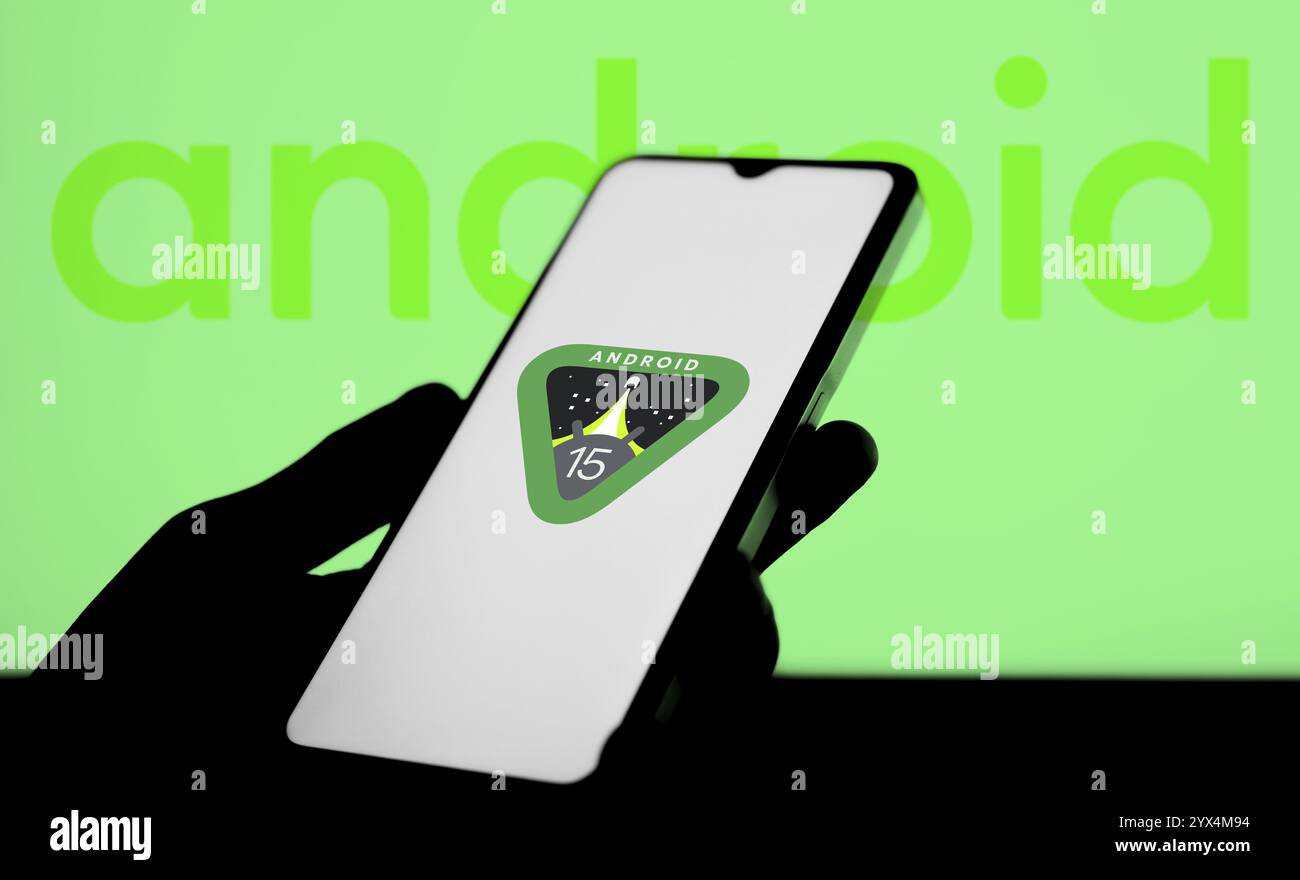 Android 15 logo is displayed on smartphone. Android 15 is an upcoming ...