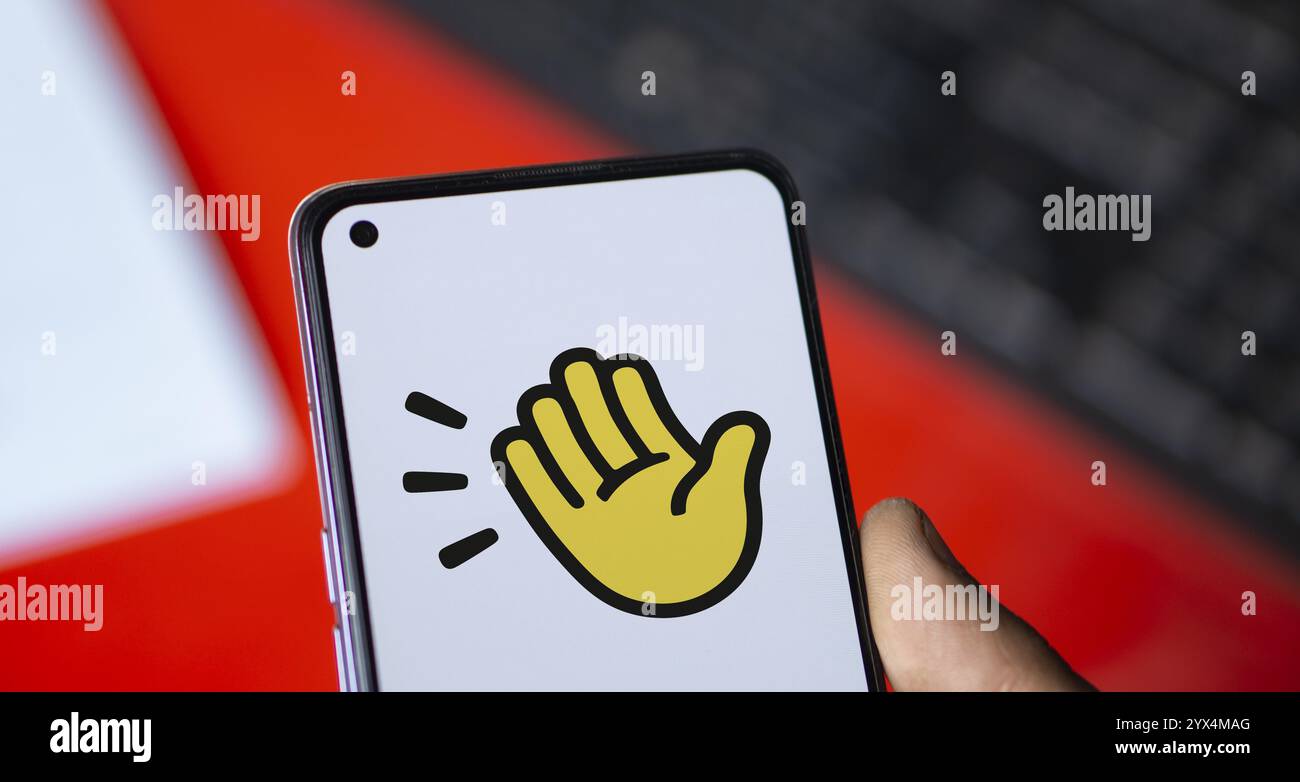 Clubhouse logo is displayed on smartphone. Clubhouse is a social audio ...