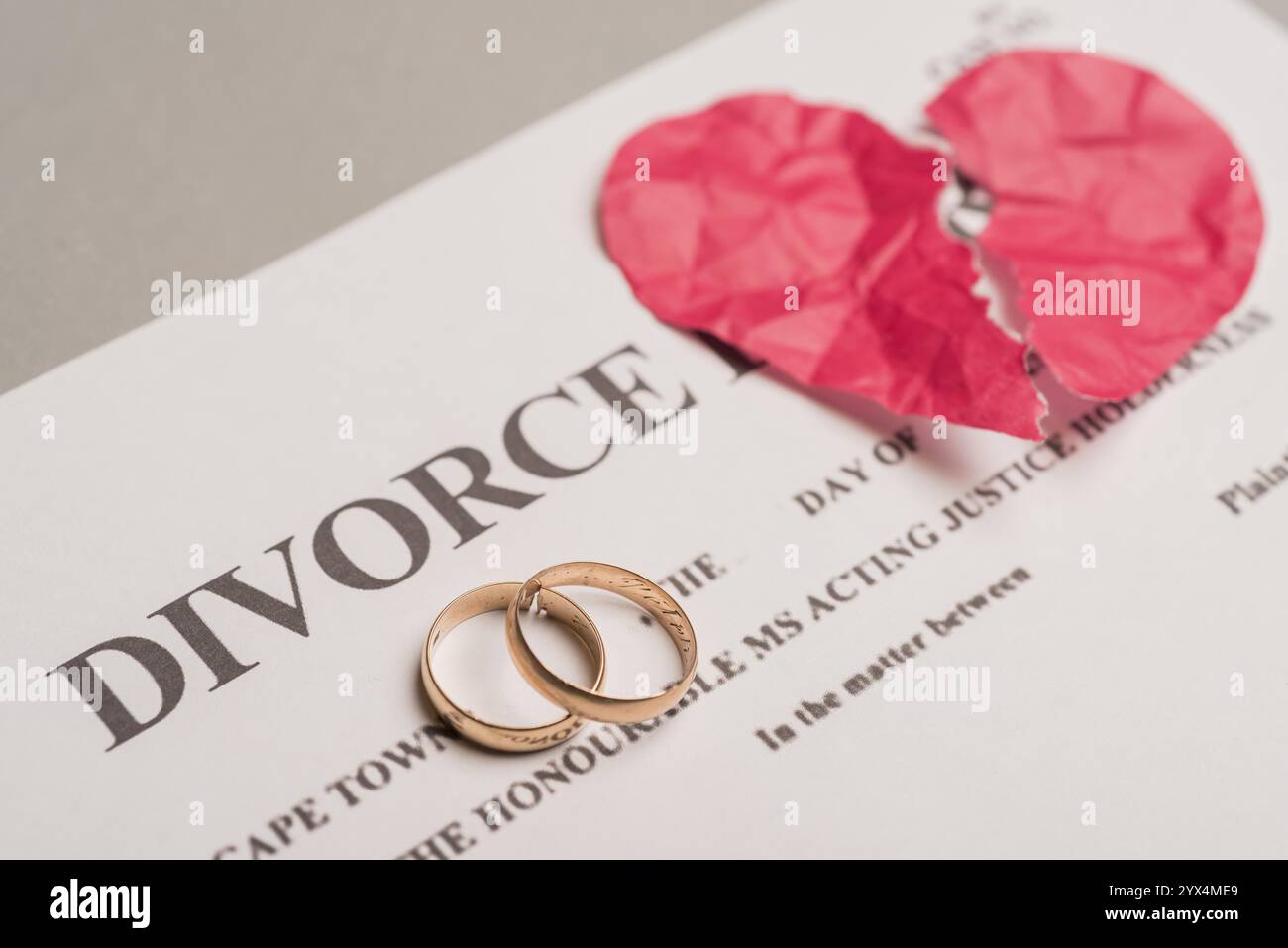 Wedding rings divorce paper Stock Photo - Alamy