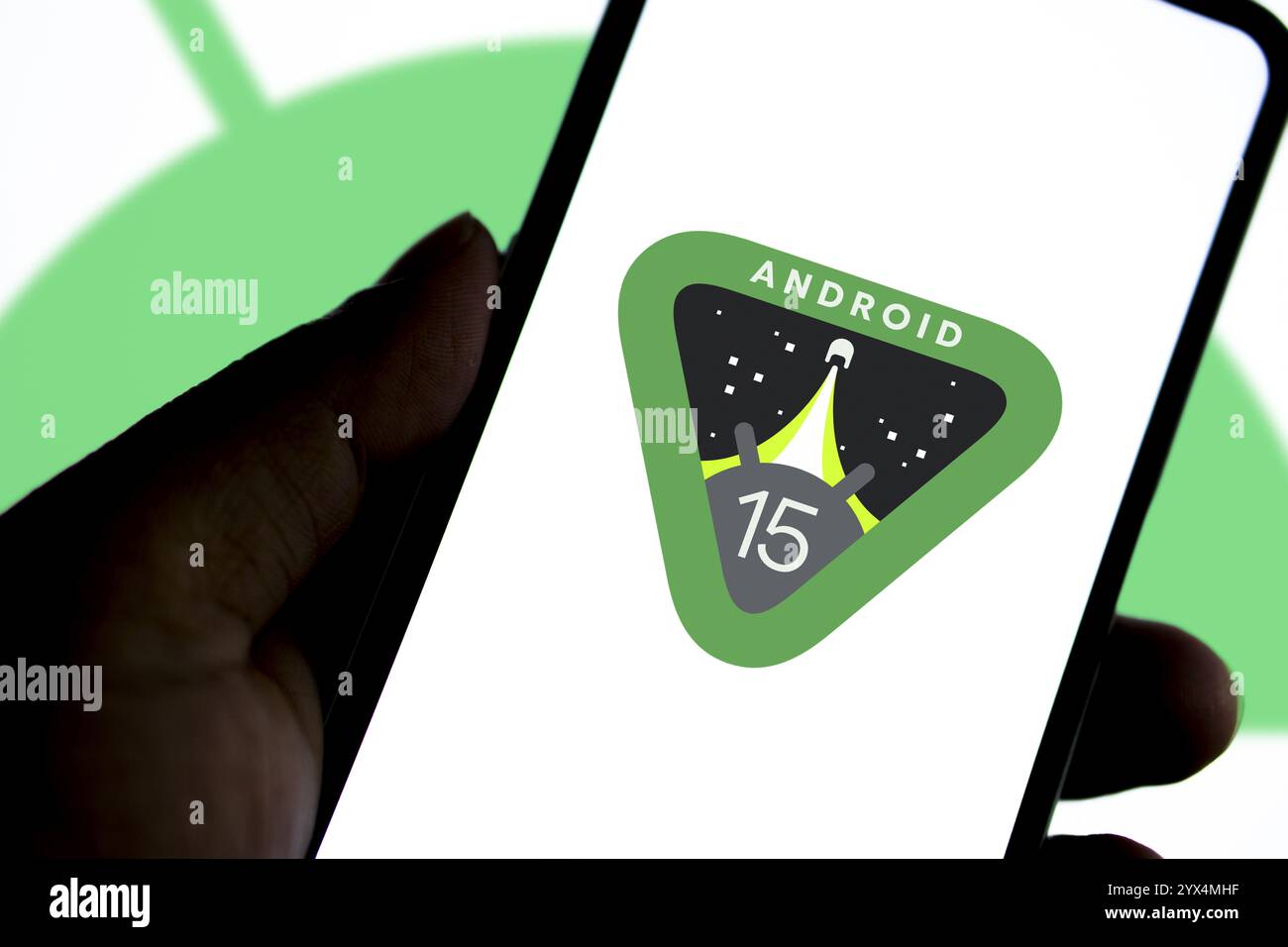 Android 15 logo is displayed on smartphone. Android 15 is an upcoming ...