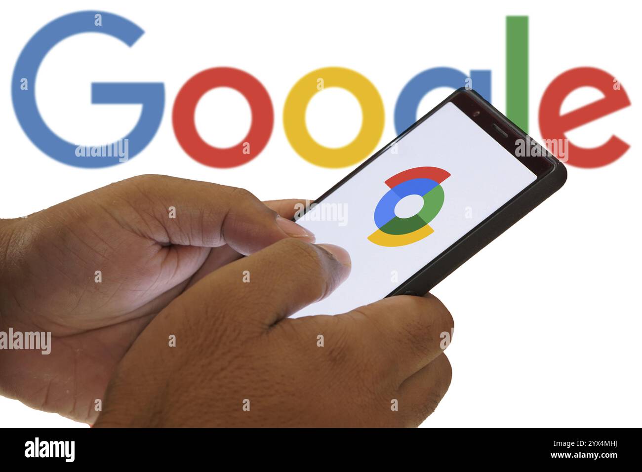 Google find my device logo is displayed on smartphone and background ...