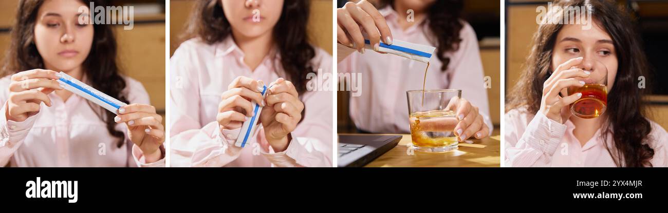 Woman opening packet, pouring liquid medication into glass, and ...