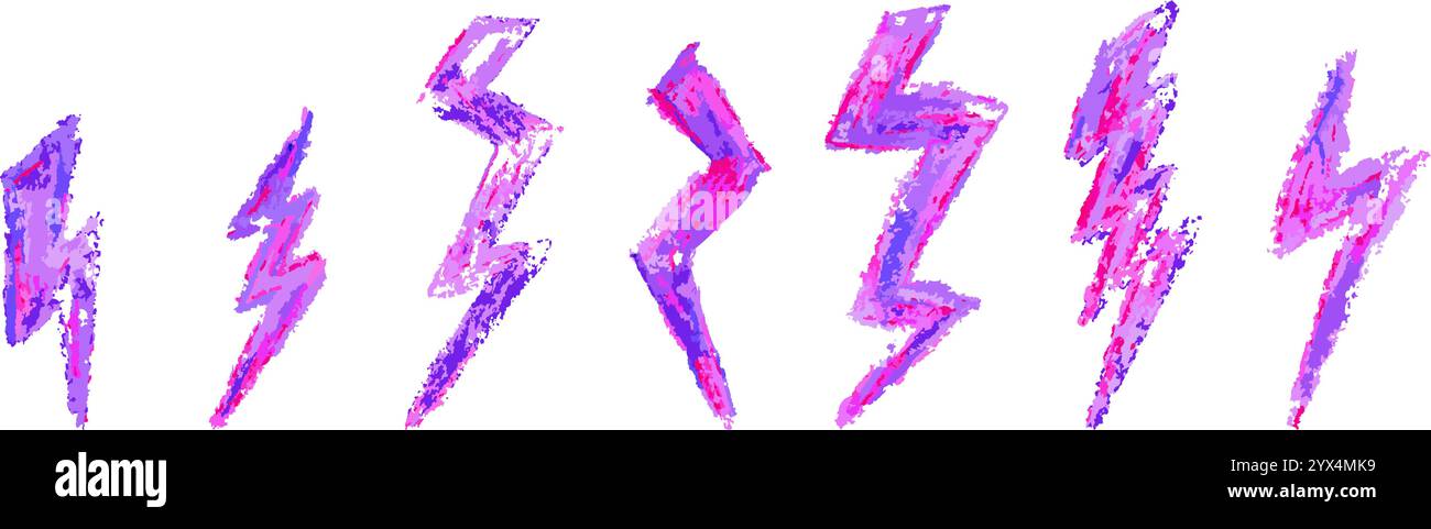 Set of lightning by wax pencil drawing. Collection of handdrawing chalk ...