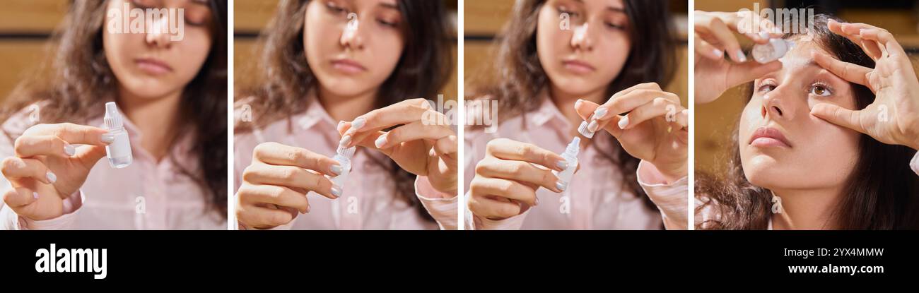 Woman opening eye drop bottle, applying drops to eyes, following ...