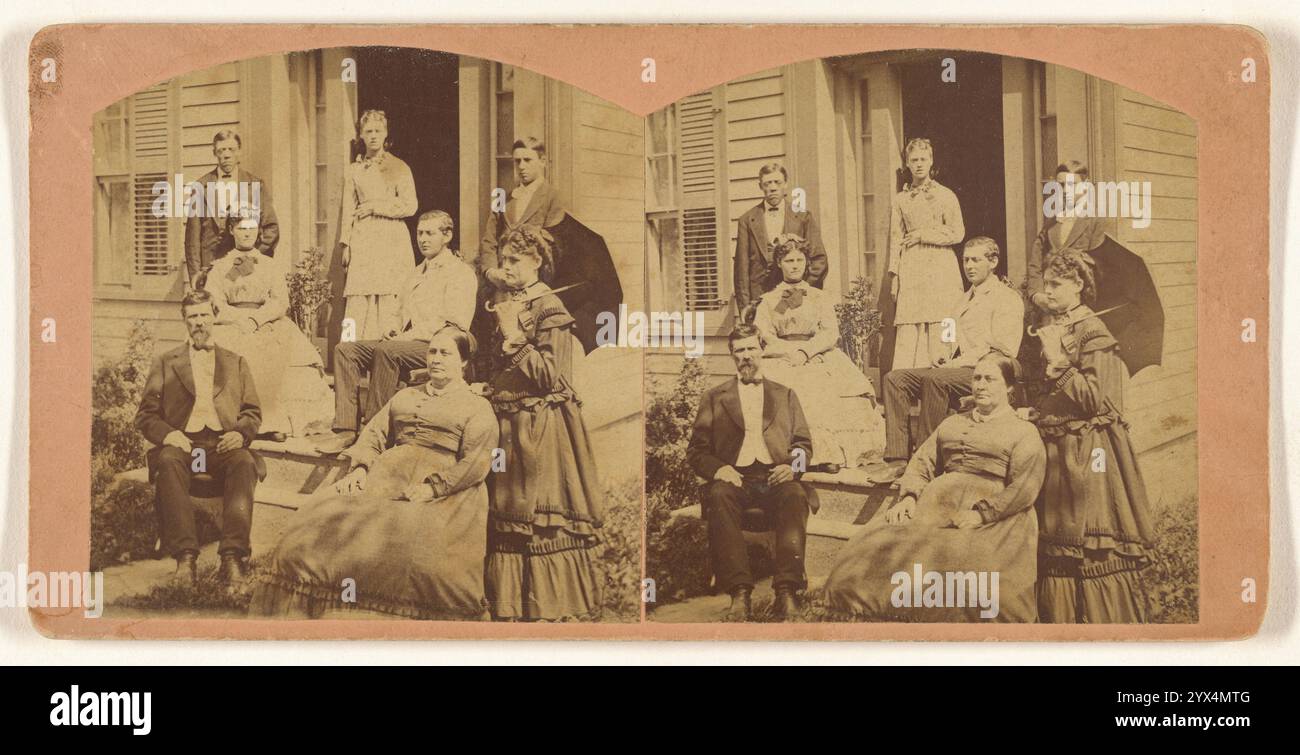 Family portrait posed on front porch of house, about 1865 Stock Photo ...