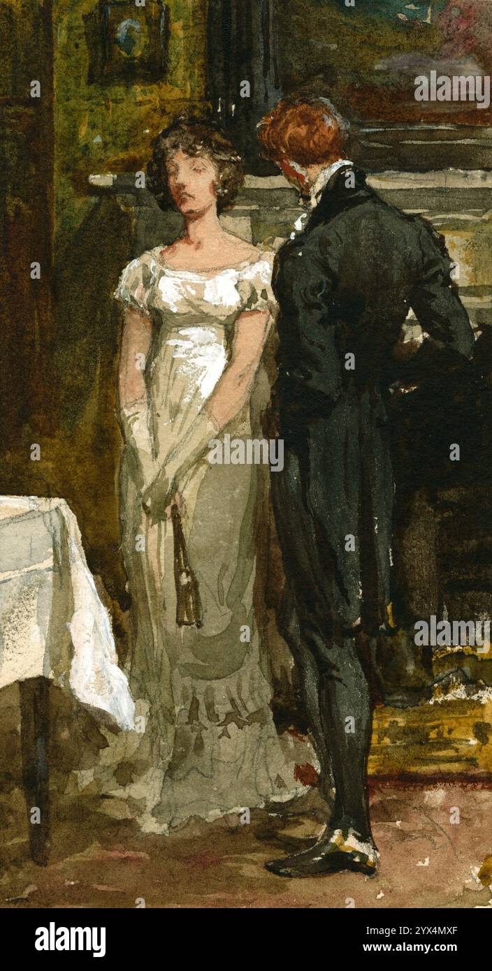 Sketch of a couple standing next to a mantelpiece in an interior; Lady ...