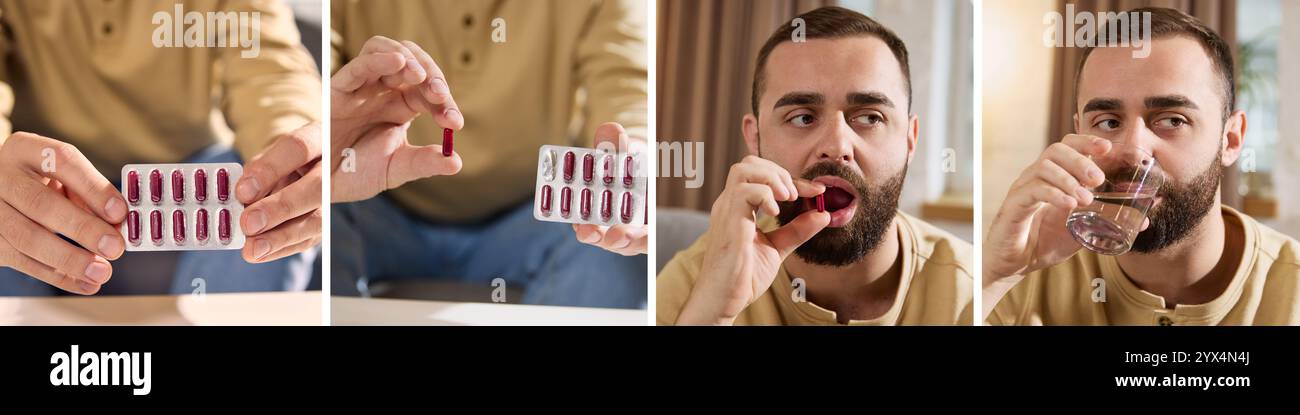 Man extracting capsule from blister pack, swallowing it with water ...