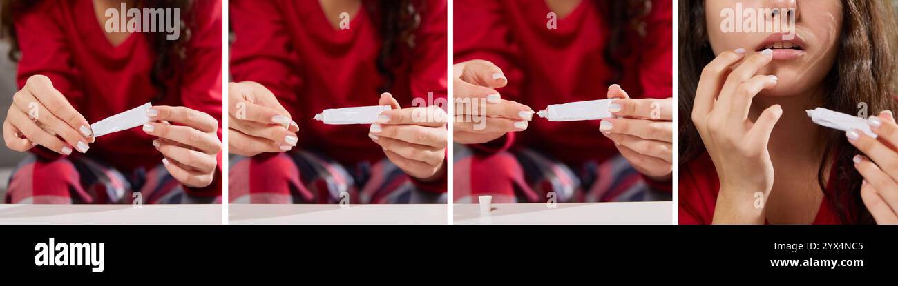 Woman opening cream tube, applying it to lips, demonstrating usage of ...