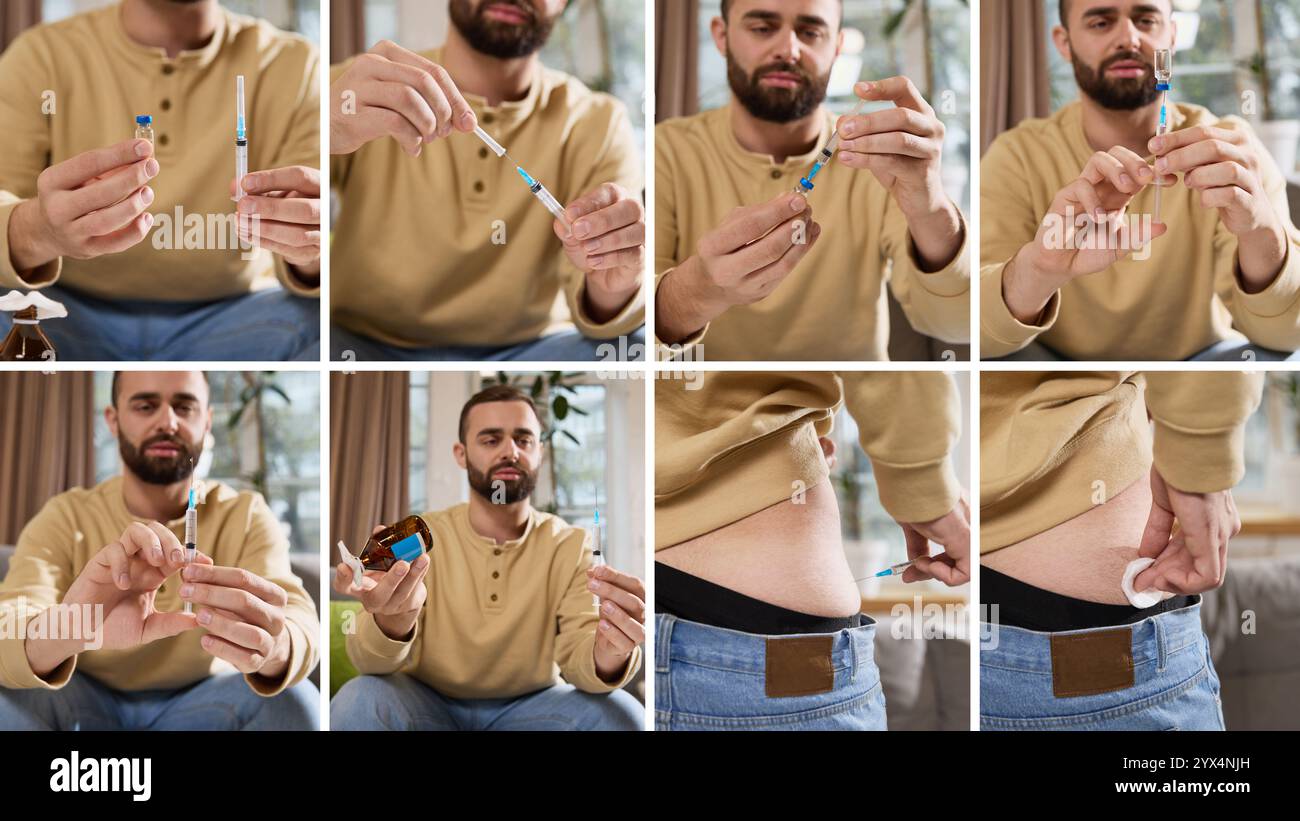 Man drawing injection, filling syringe, administering subcutaneous shot ...