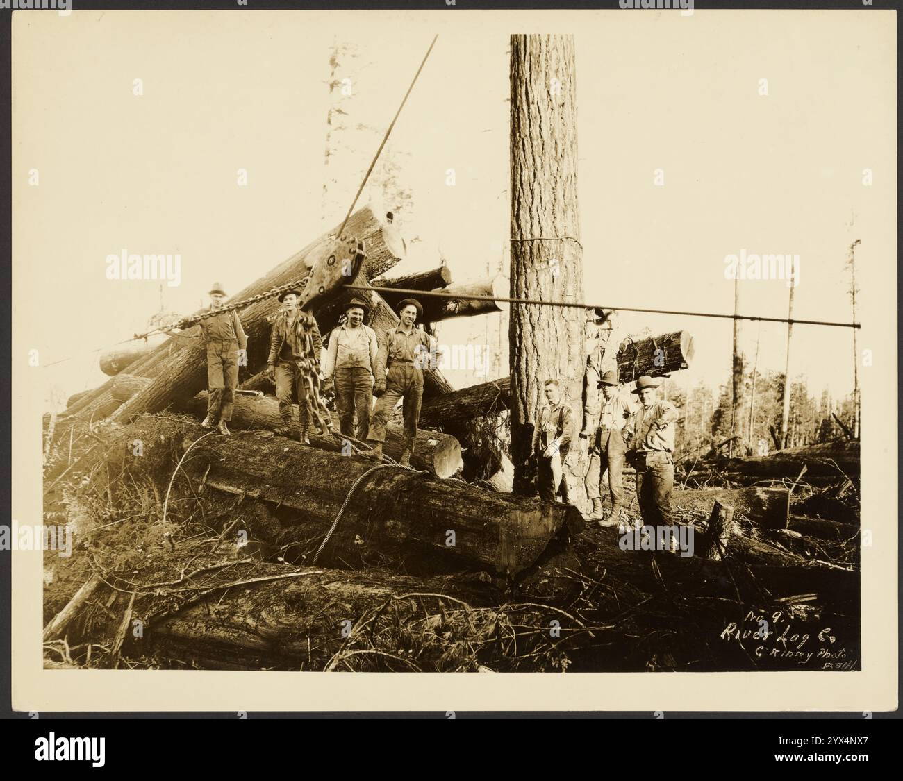 Loggers, about 1910-1945. Informal group portrait of eight loggers in ...