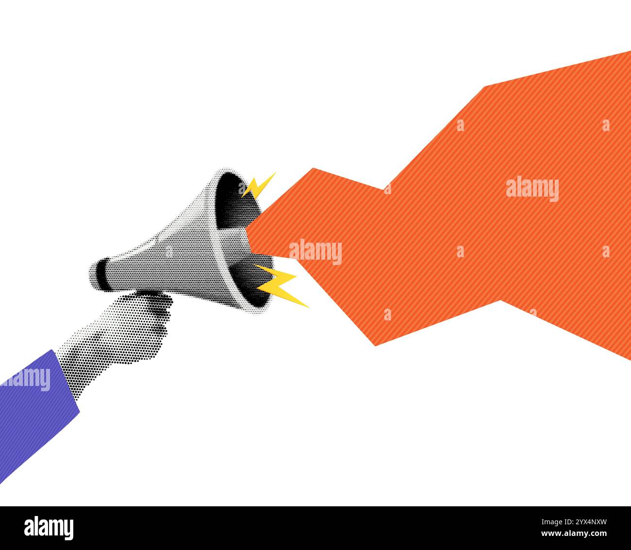 Halftone megaphone, loudspeaker in hand. Advertising speaker with ...