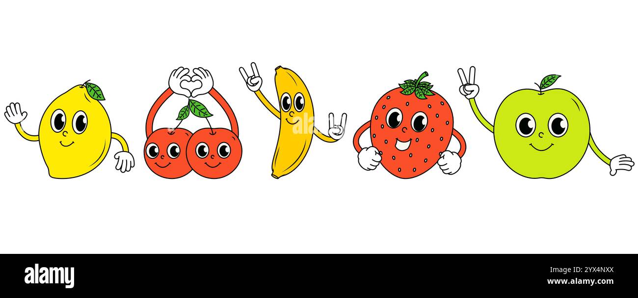 Summer fruits. Cartoon cute comic characters lemon, strawberry, apple ...