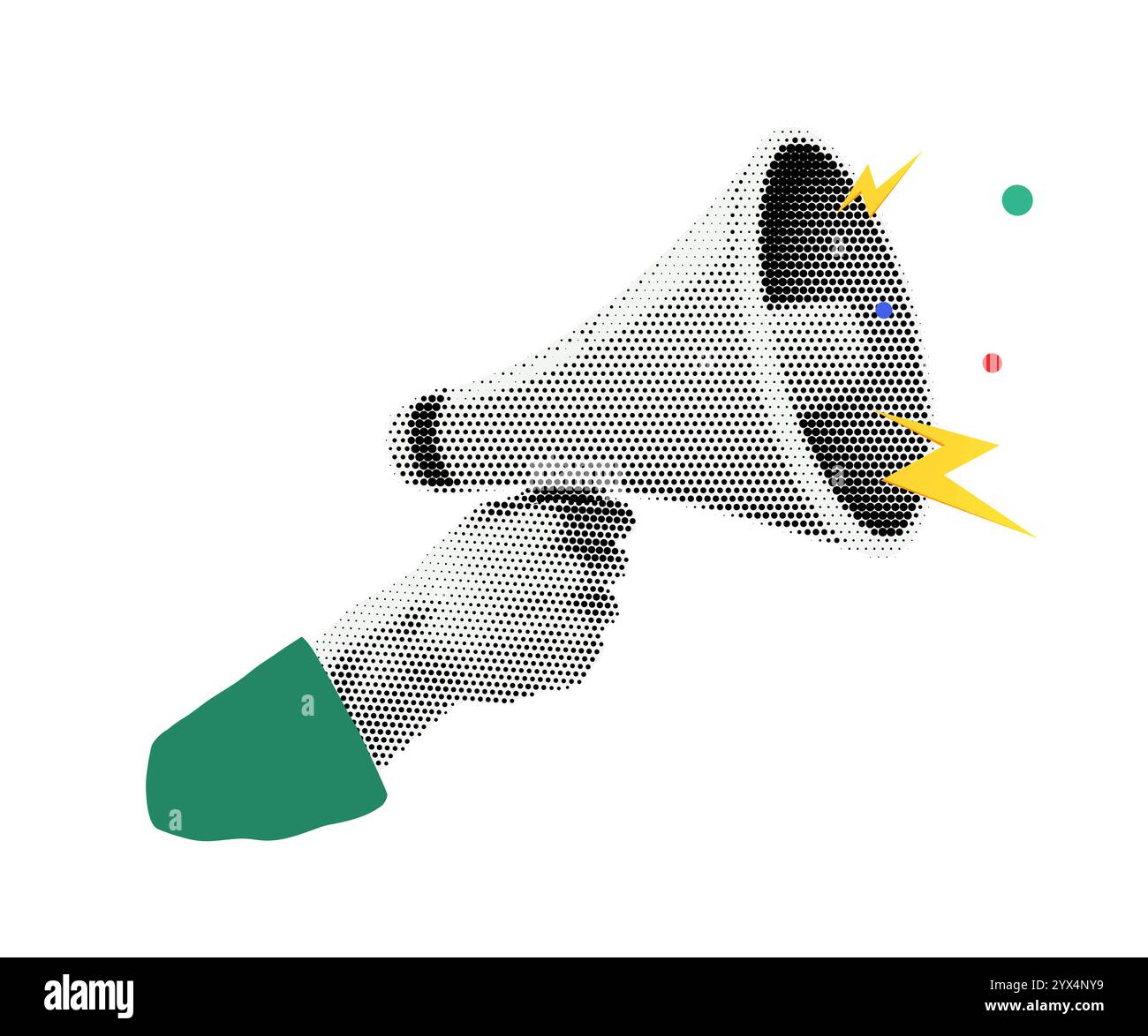 Halftone megaphone, loudspeaker in hand. Advertising speaker with ...