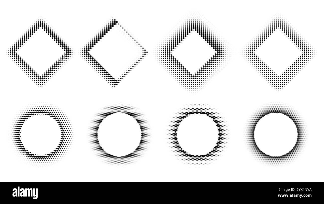 Set of round square halftone frames. Dotted abstract shapes with empty ...