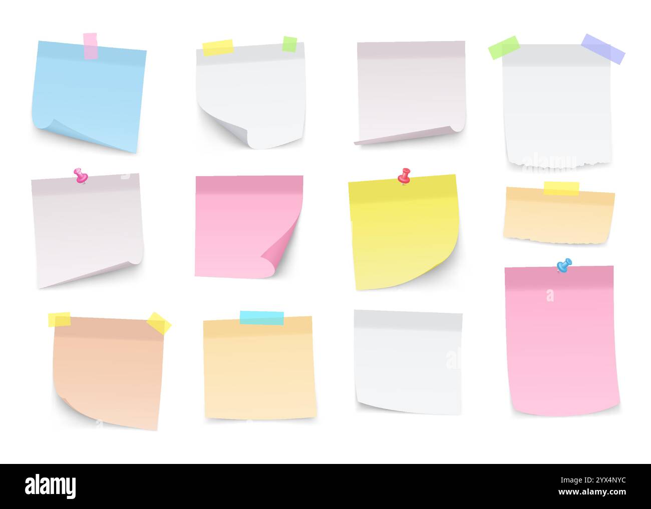 Paper notes with curved corners. Blank sticky sheets of paper, notepad ...