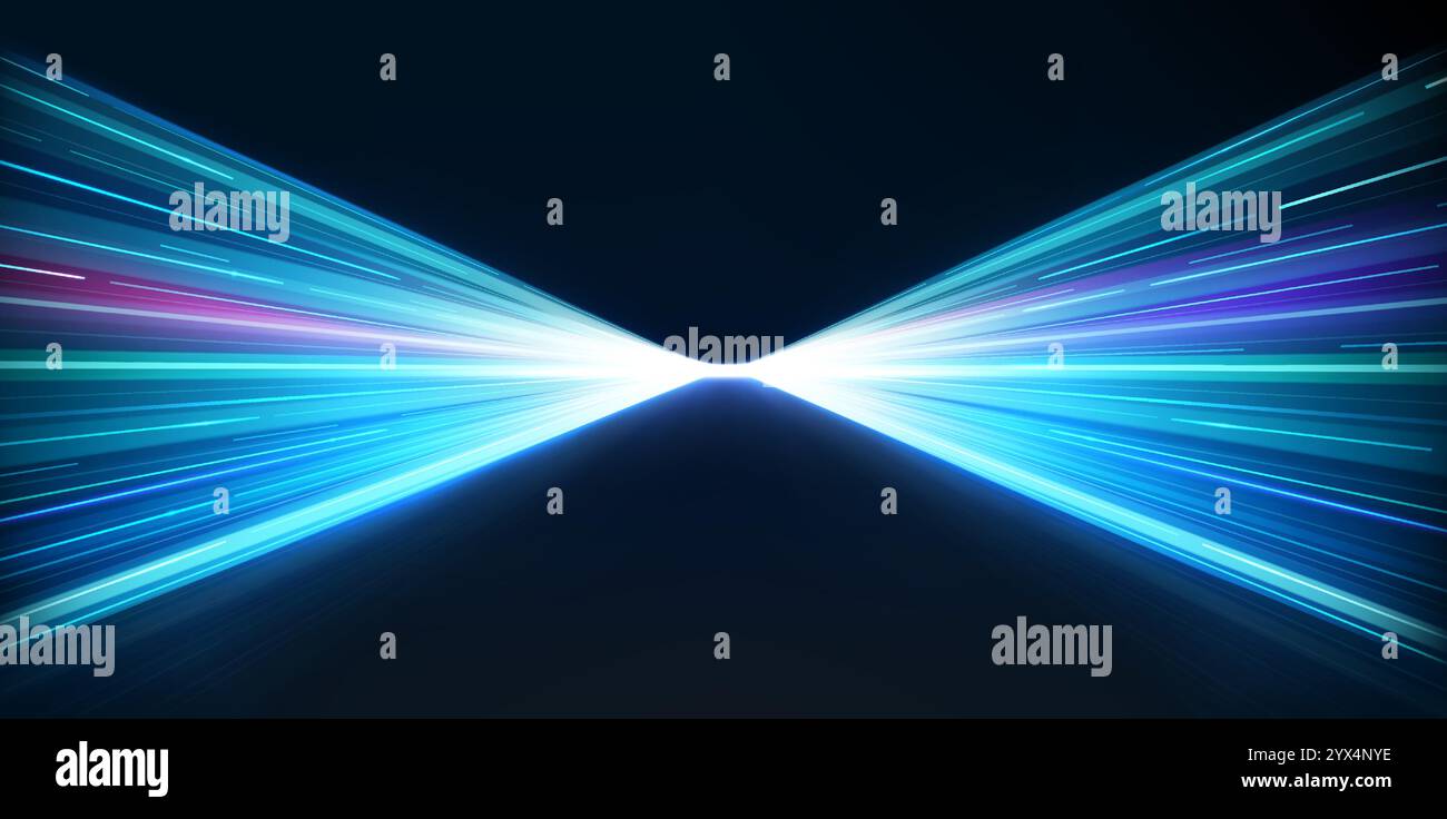 High speed movement of light speed lines of blue color. Glowing ...